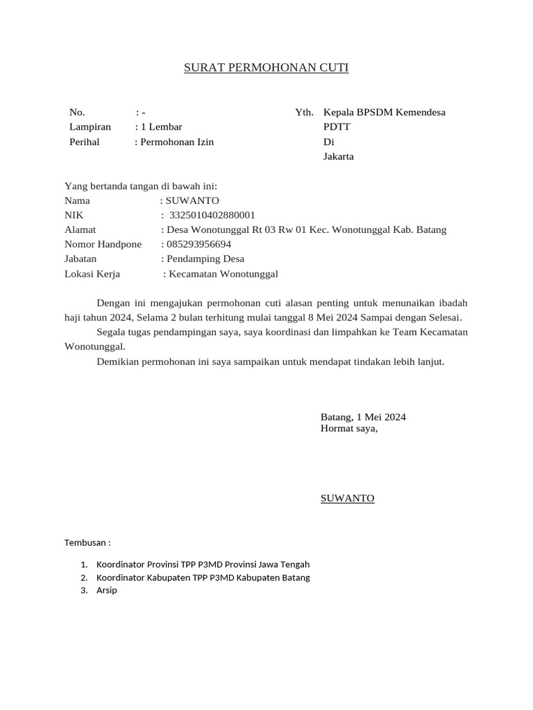 SURAT - PERMOHONAN - CUTI Suwanto | PDF