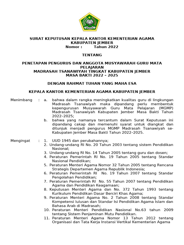 SK MGMP MTS MASA BAKTI 2022-2025 (revisi kamad) | PDF