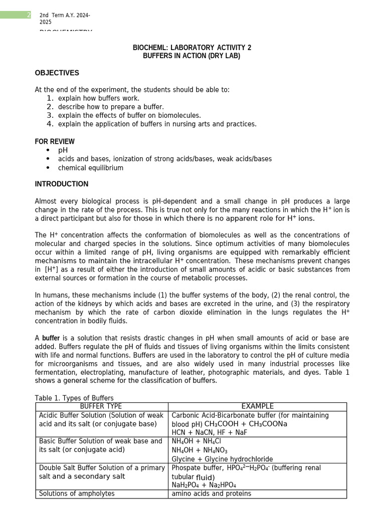 BIOCHEML Lab Experiment 2 - Buffer | PDF | Buffer Solution | Chemical Substances