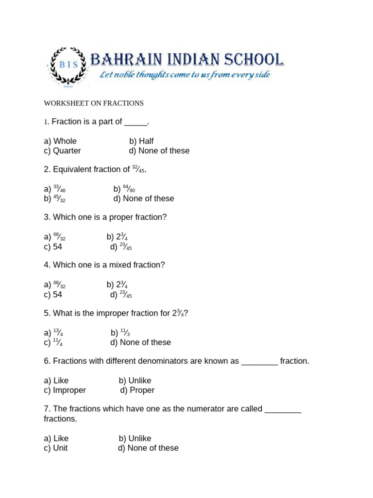 Worksheet On Fractions - MCQ | PDF