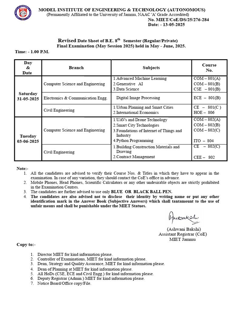 BE 8th Semester Revised Final Exam Datesheet | PDF | Computing