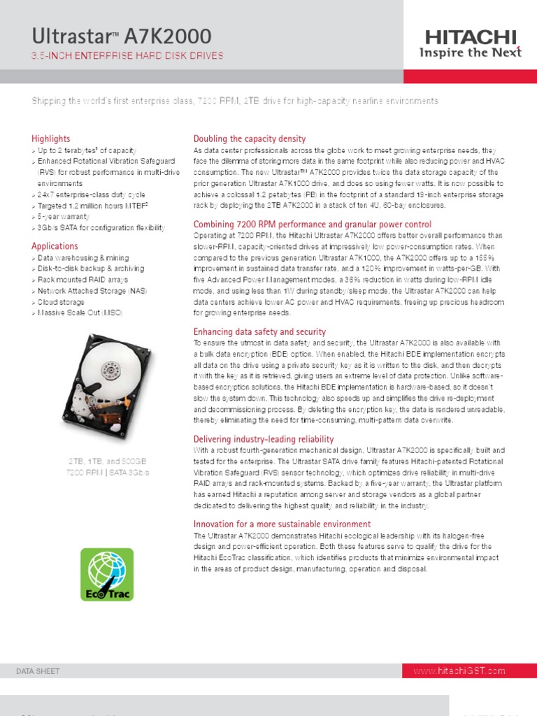 UltraStarA7K2000 Datasheet | PDF | Hard Disk Drive | Computer Data Storage