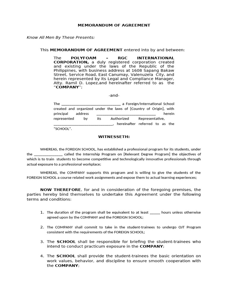 MOA - Internship - Foreign - School Draft Template | PDF | Employment ...