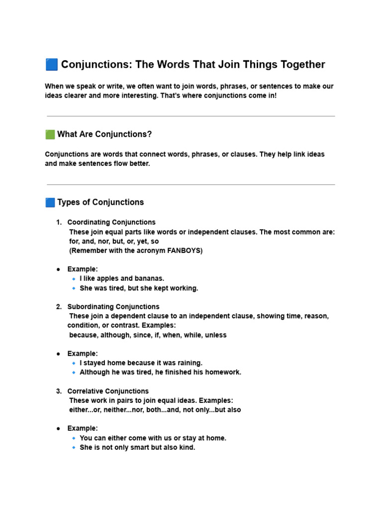 Conjunctions: Joining Words and Sentences | PDF