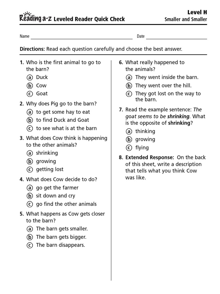 Level H Leveled Reader Quick Checks | PDF | Water | Boats