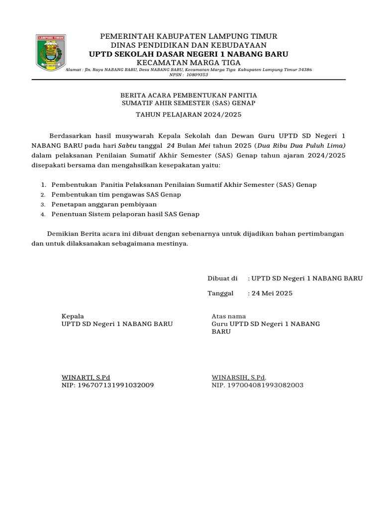 Panitia SAS Genap SDN 1 Nabang Baru 2025 | PDF