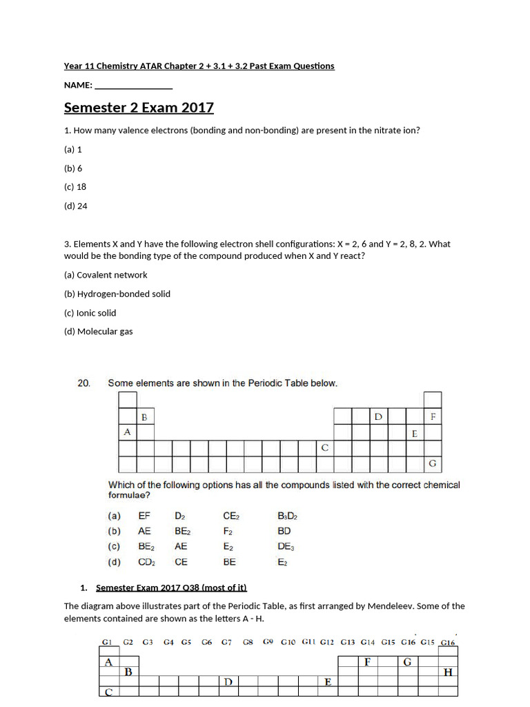 Year 11 Chemistry ATAR Chapter 2 + 3.1 and 3.2 Past Exam Questions ...