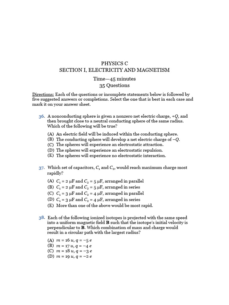 E&m FLT 1 (1-35 Mcqs and 1-3 FRQS) | PDF | Magnetic Field | Volt