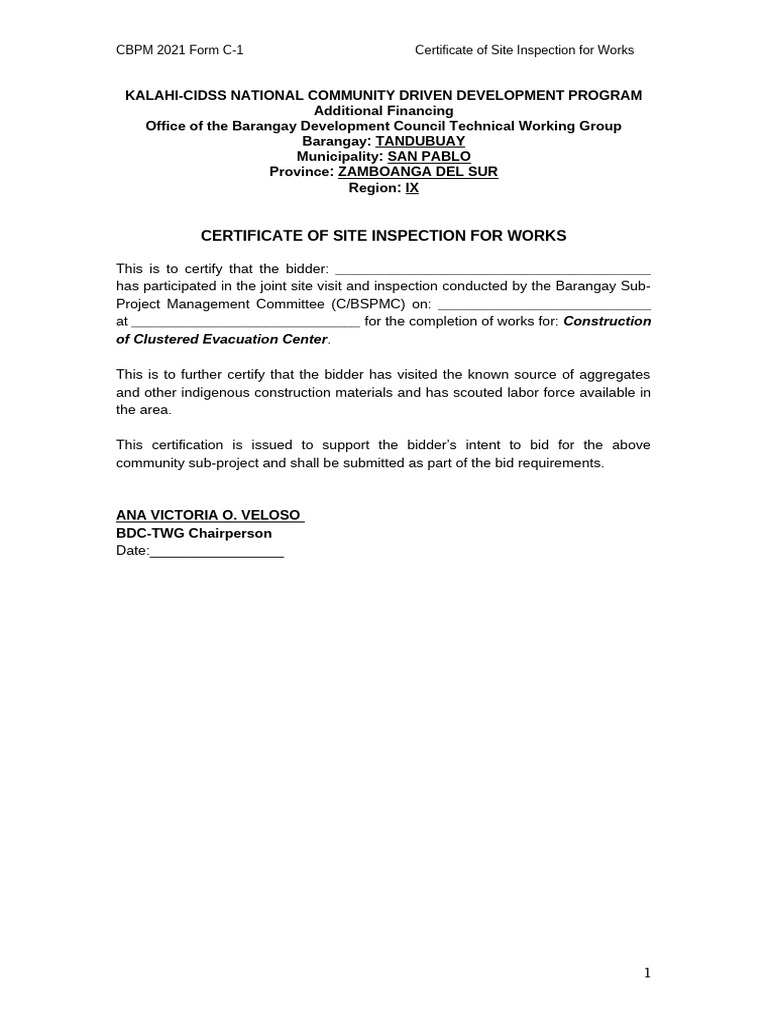 CBPM 2021 Form C-1 - Certificate of Site Inspection For Works | PDF