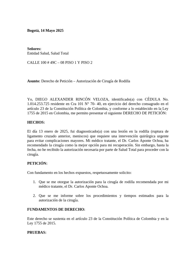Formato Basico Derecho de Petición | PDF