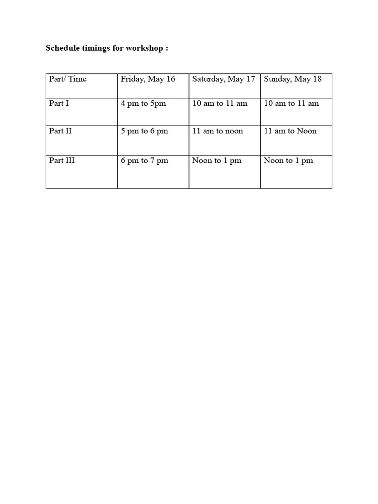 Schedule Timings For Workshop | PDF