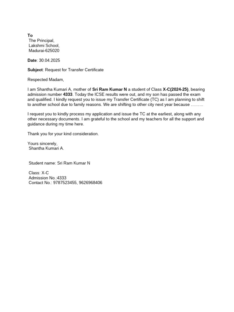 Transfer Certificate Request Letter | PDF