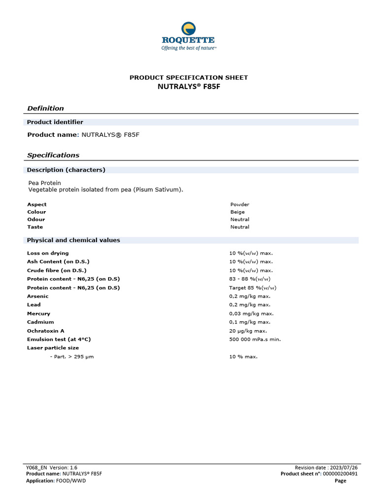 NUTRALYS® F85F Pea Protein Specification | PDF | Disclaimer
