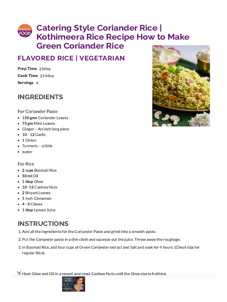 VismaiFood - Catering Style Coriander Rice - Kothimeera Rice Recipe How ...