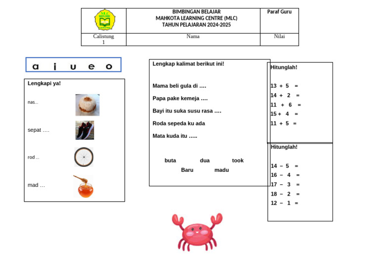 Calistung 1 Nama Nilai: Bimbingan Belajar Mahkota Learning Centre (MLC ...