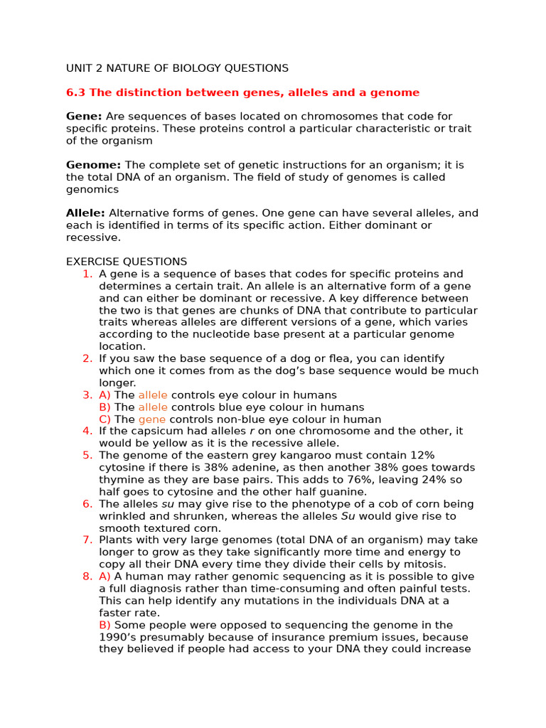 Unit 2 Nature of Biology Questions | PDF | Gene | Genome