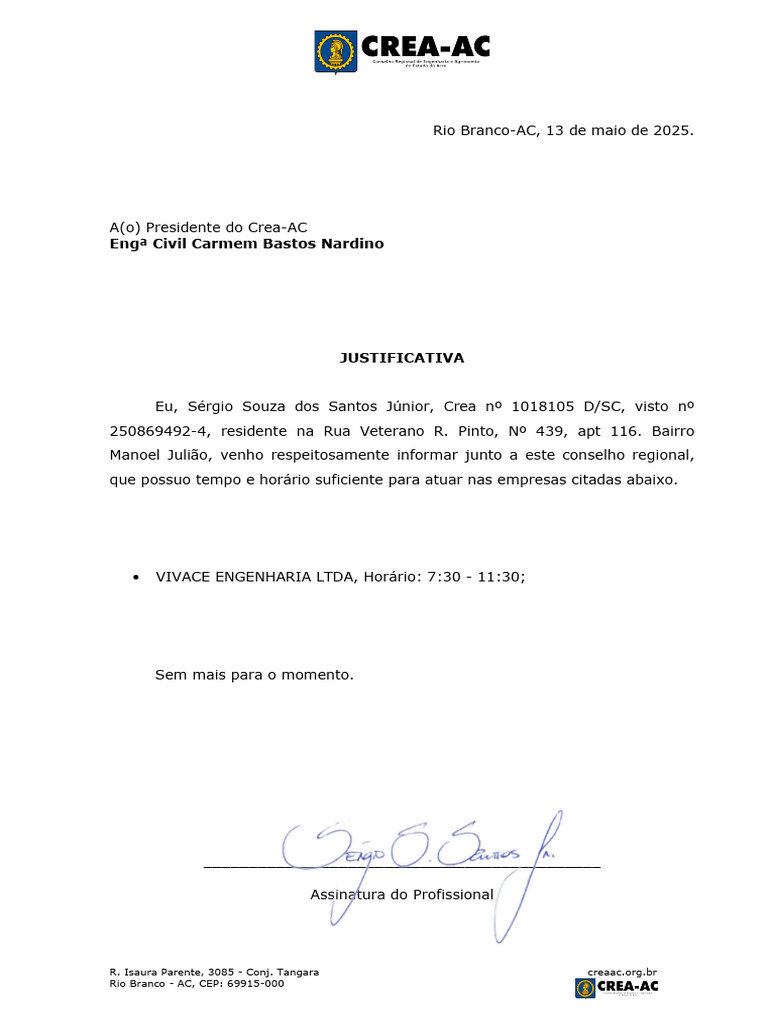 7 - Justificativa de Horarios - Sérgio | PDF