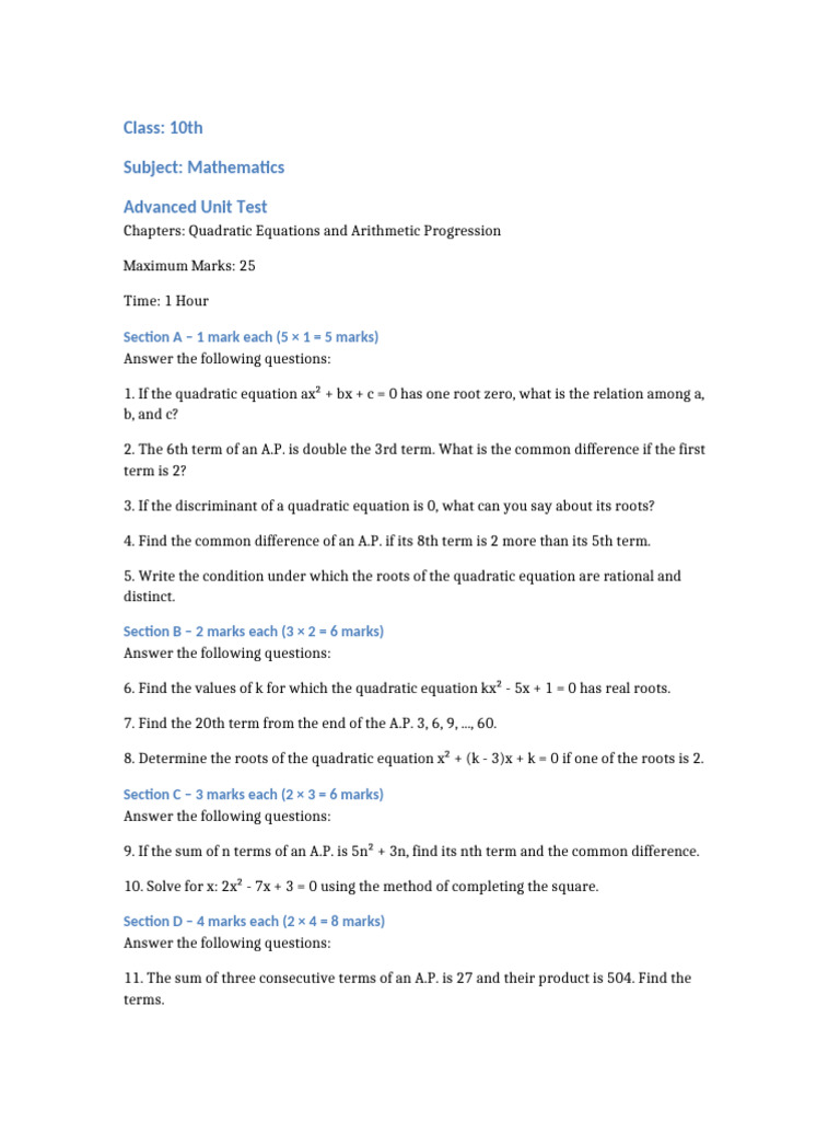 Math Advanced Unit Test Quadratic AP | PDF