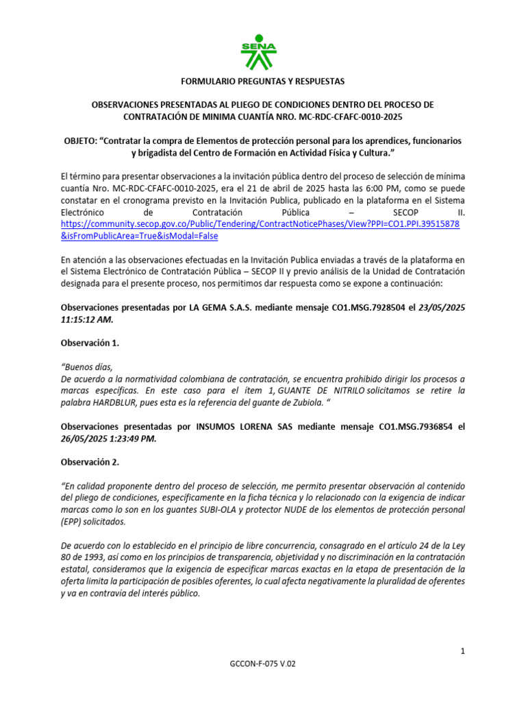 FORMULARIO PREGUNTAS Y RESPUESTAS NRO. MC-RDC-CFAFC-0010-2025 (2) (1) | PDF