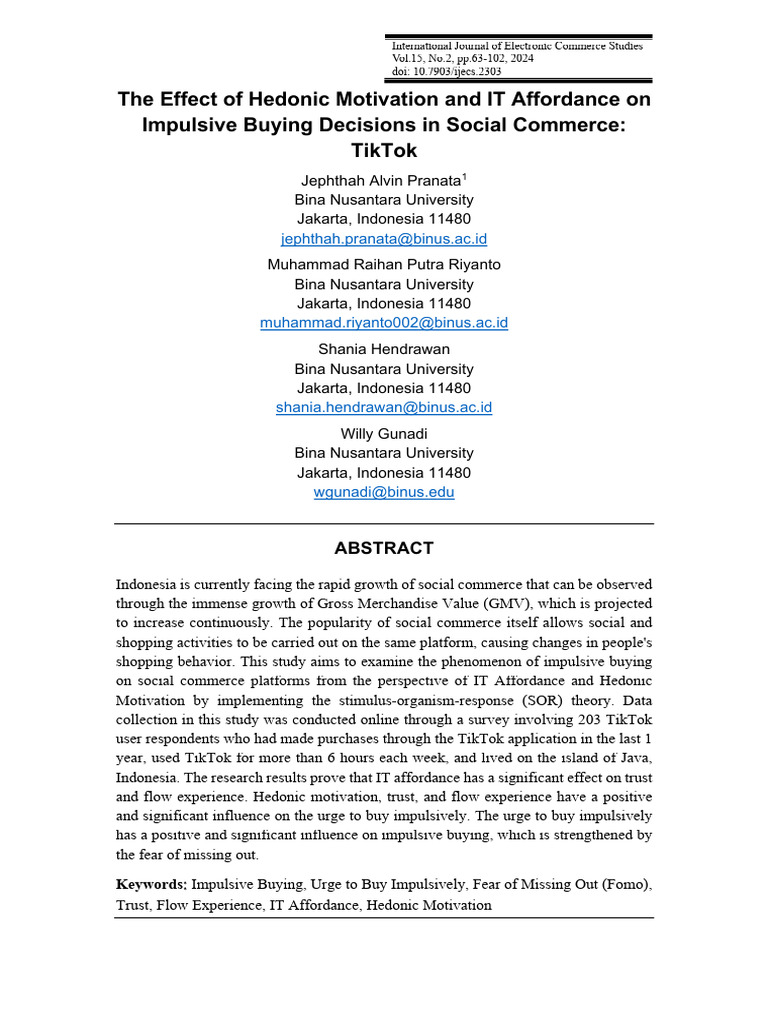 The Effect of Hedonic Motivation and IT Affordance On Impulsive Buying ...