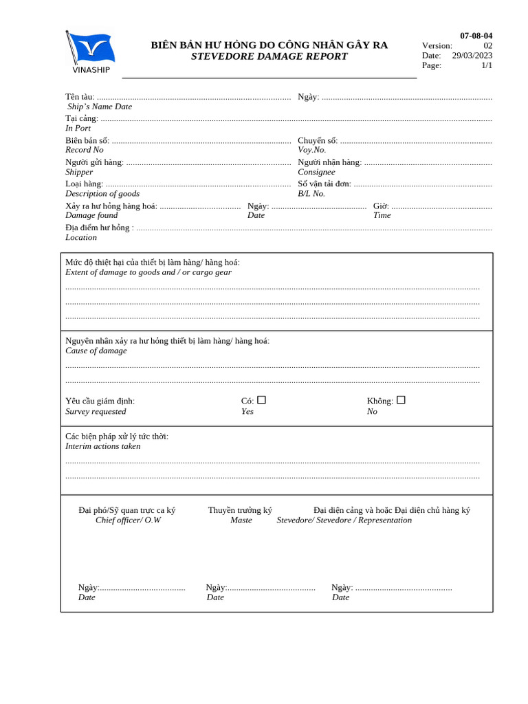 Biên Bản Hư Hỏng Do Công Nhân Gây Ra: Stevedore Damage Report | PDF