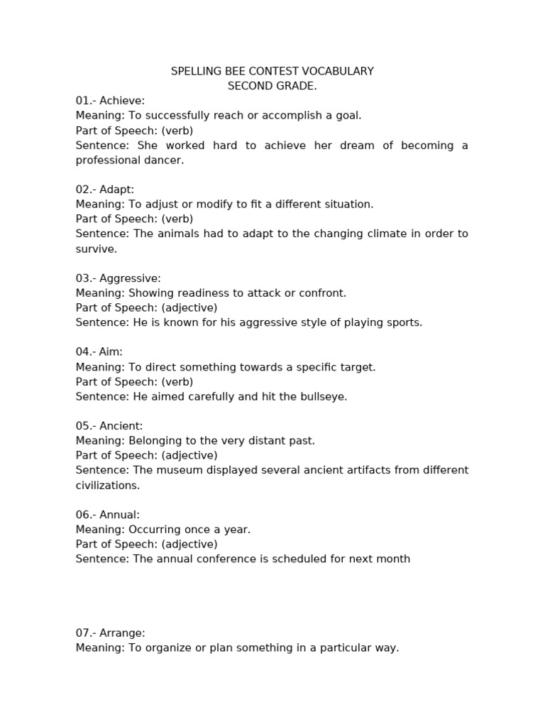 Spelling Bee Contest Vocabulary Segundo | PDF | Part Of Speech | Verb