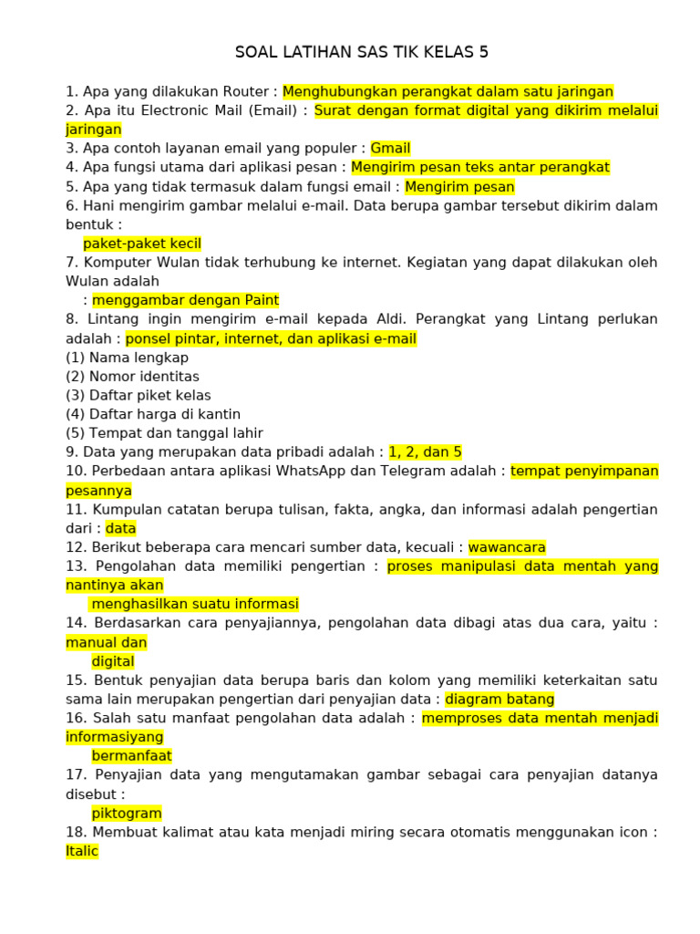 SOAL LATIHAN SAS TIK KELAS 5 | PDF