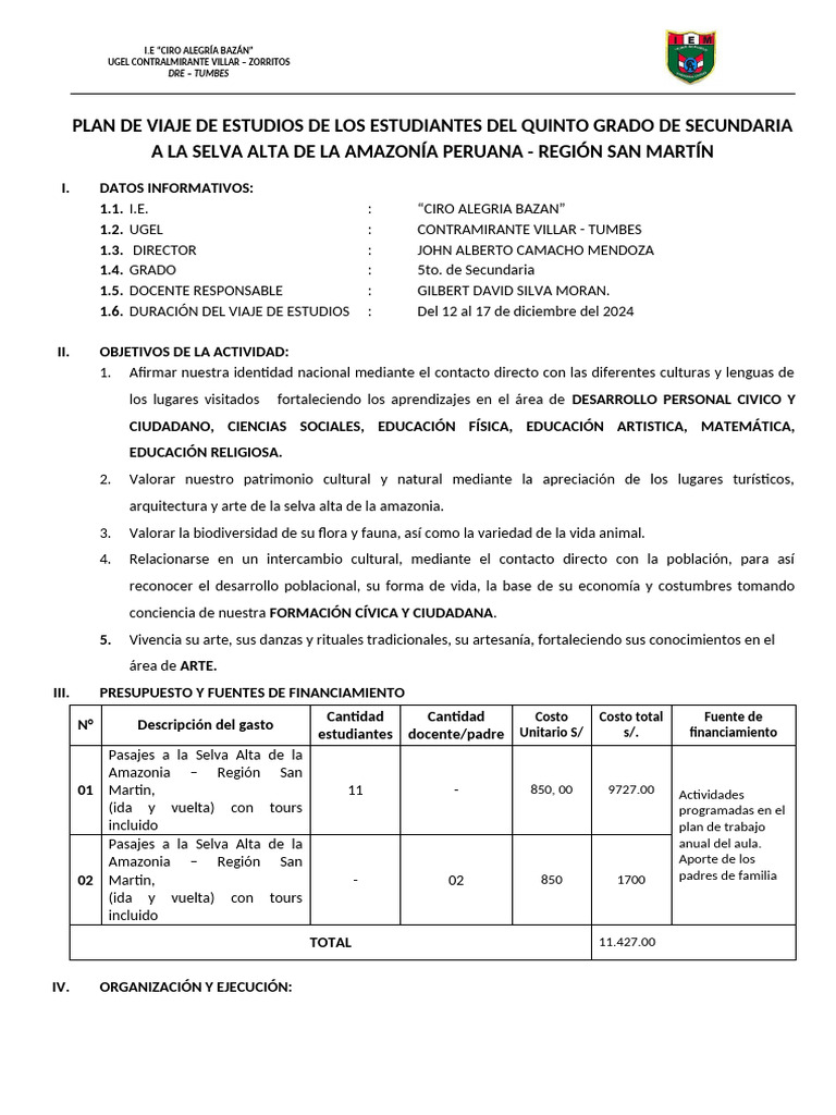 Plan y Proyecto de Viaje 5to 2024 | PDF | Entorno natural | Realidad