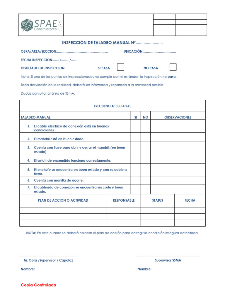F-SST-SEG-020 Inspeccion de Taladro Manual - USO | PDF