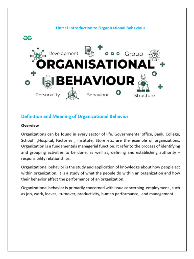 Unit-1-Intoduction to Organisational Behaviour | PDF | Psychology | Organizational Behavior