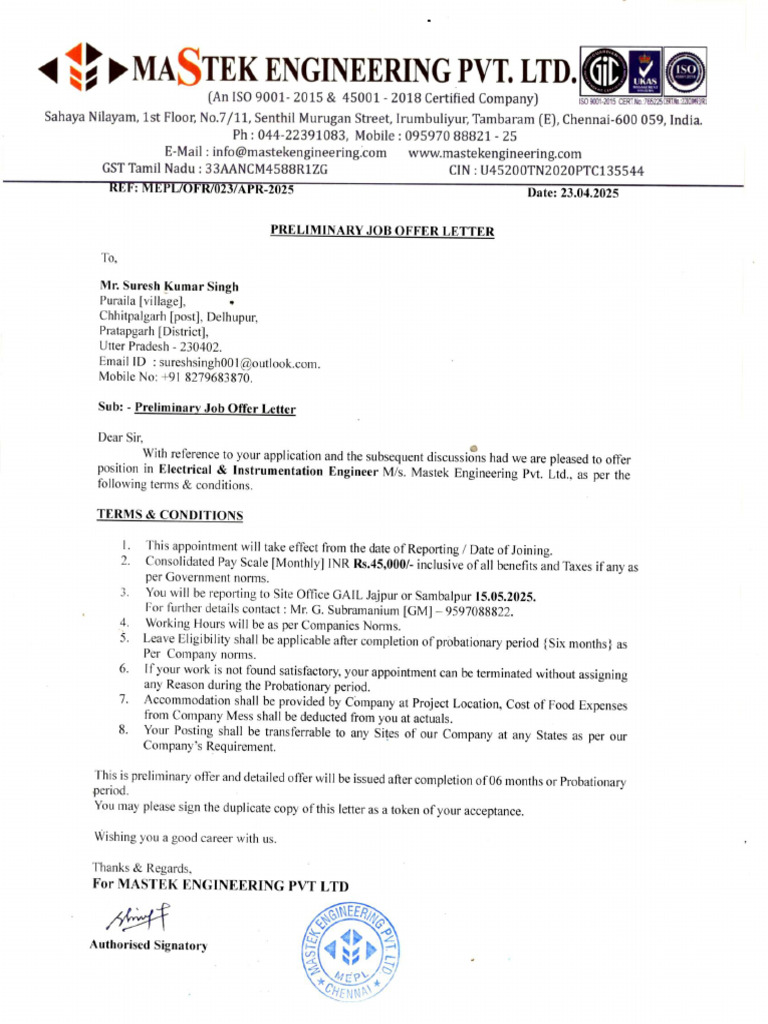 Suresh Kumar Singh Offer Letter | PDF