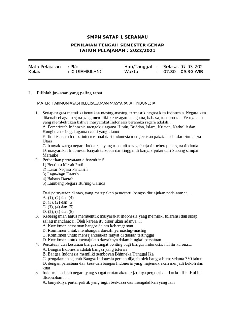 Soal PTS 2 PPKN Kelas Ix | PDF