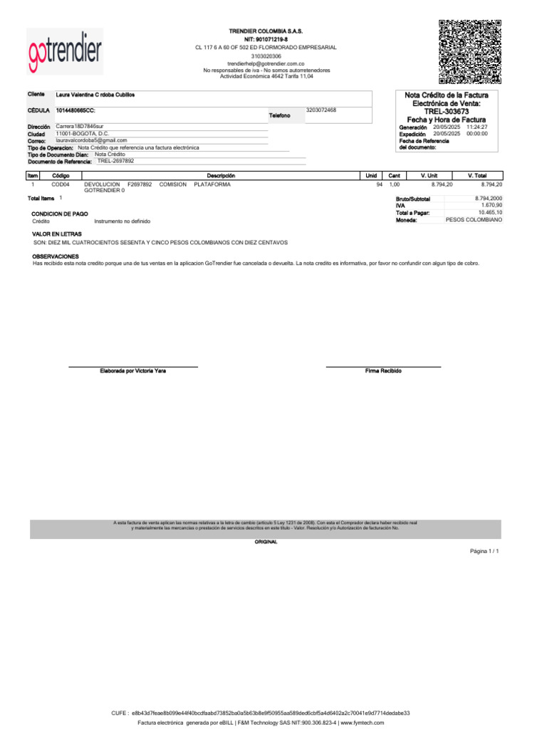 Nota Crédito de La Factura Electrónica de Venta: TREL-303673 | PDF ...