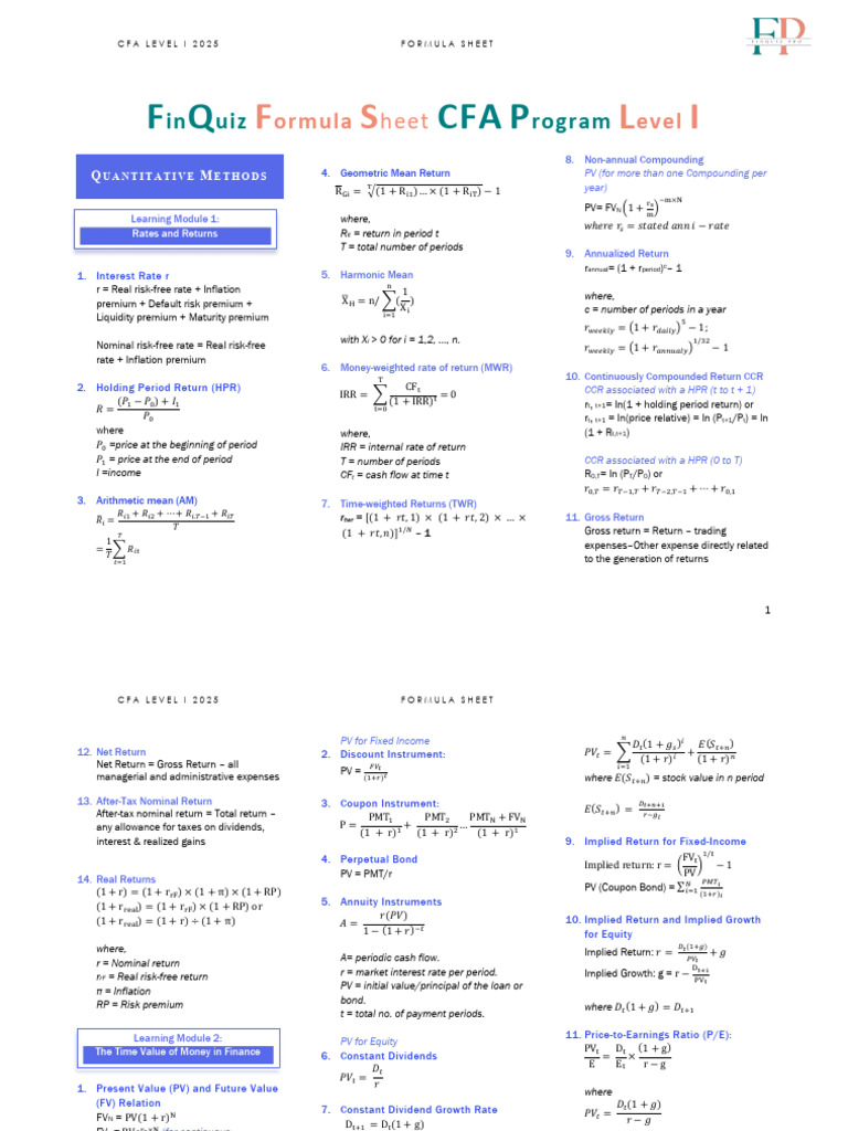 FinQuiz - CFA Level 1, 2025 - Formula Sheet | PDF | Errors And Residuals | Variance