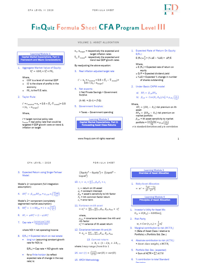 CFA Level 3 Formula Sheet 2025 | PDF | Financial Economics | Investing