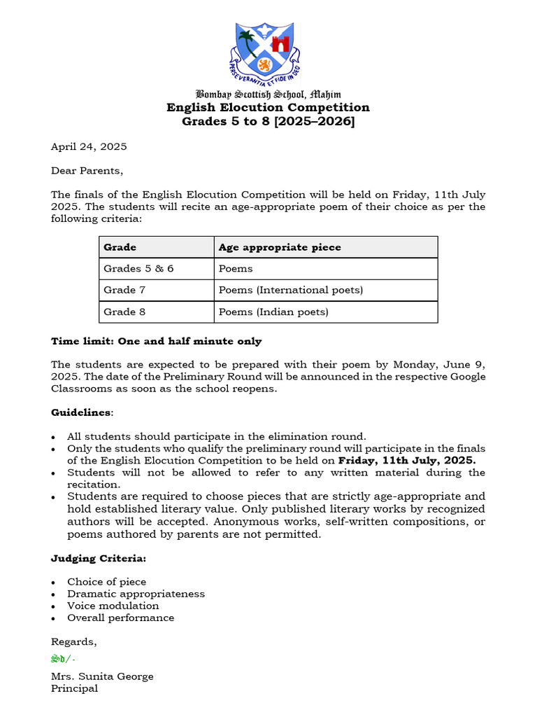 English Elocution Competition Grades 5 To 8 (2025 2026) : Bombay ...