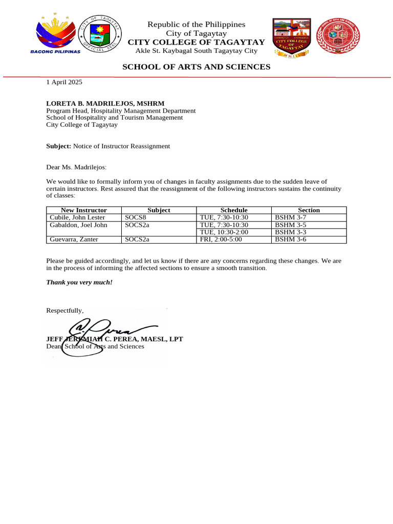 Notice of Instructor Reassignment | PDF