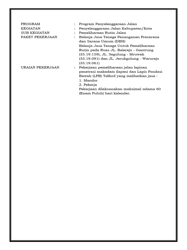 Uraian Singkat Jl. Balerejo Gantrung 35.19.159 ... | PDF