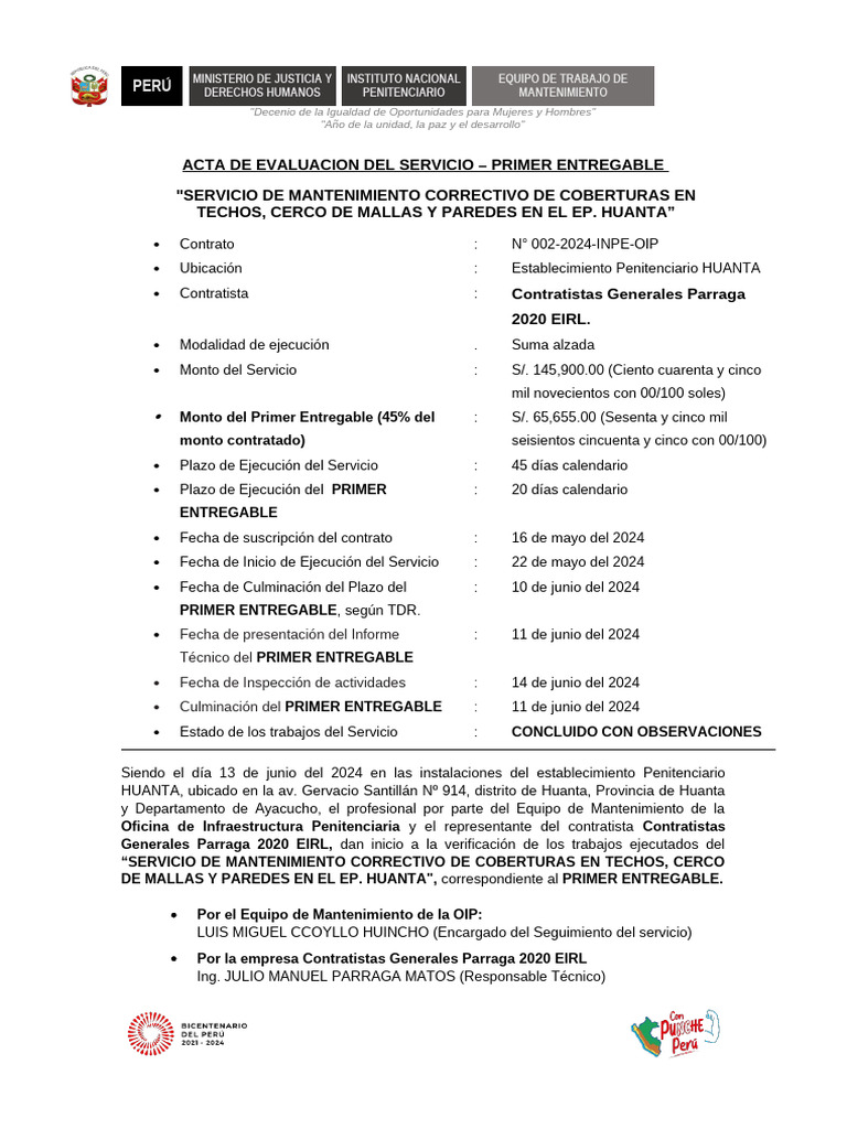 ACTA DE EVALUACION PRIMER ENTREGABLE - HUANTA | PDF