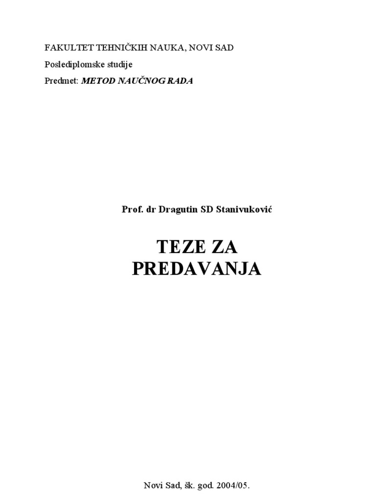 Teze Za Predavanja: Fakultet Tehničkih Nauka, Novi Sad Poslediplomske ...