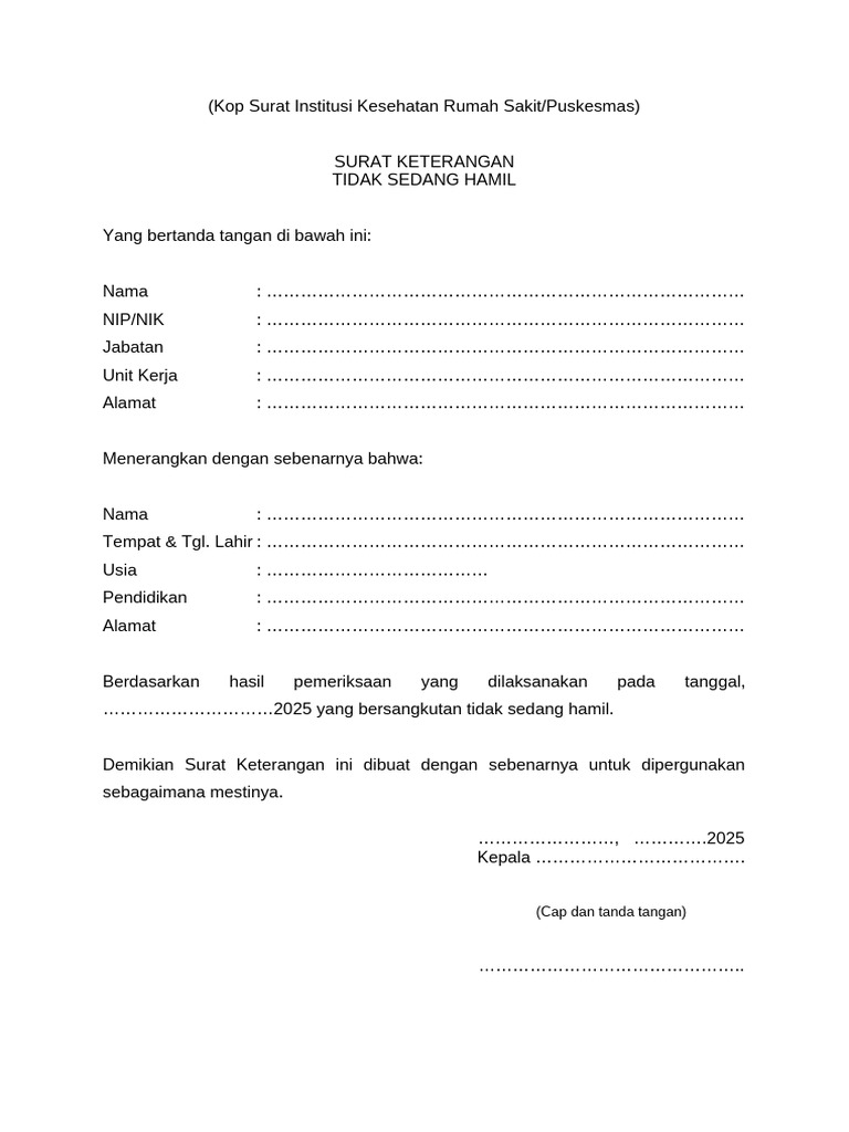 Surat Keterangan Tidak Hamil Resmi | PDF