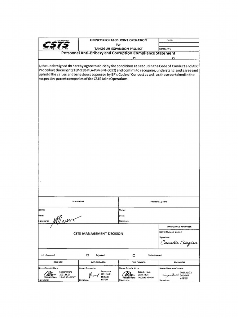 Personnel Anti-Bribery and Corruption Prevention Compliance Statement | PDF