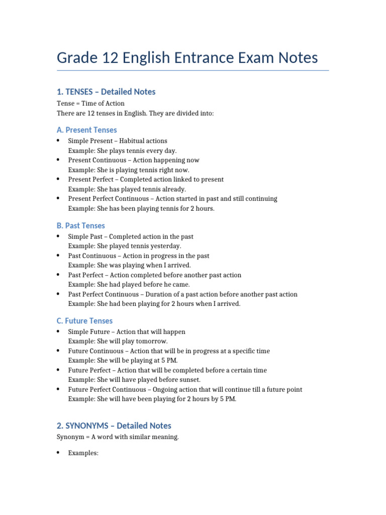 Grade12 English Notes Tenses Synonyms Antonyms | PDF | Grammatical ...