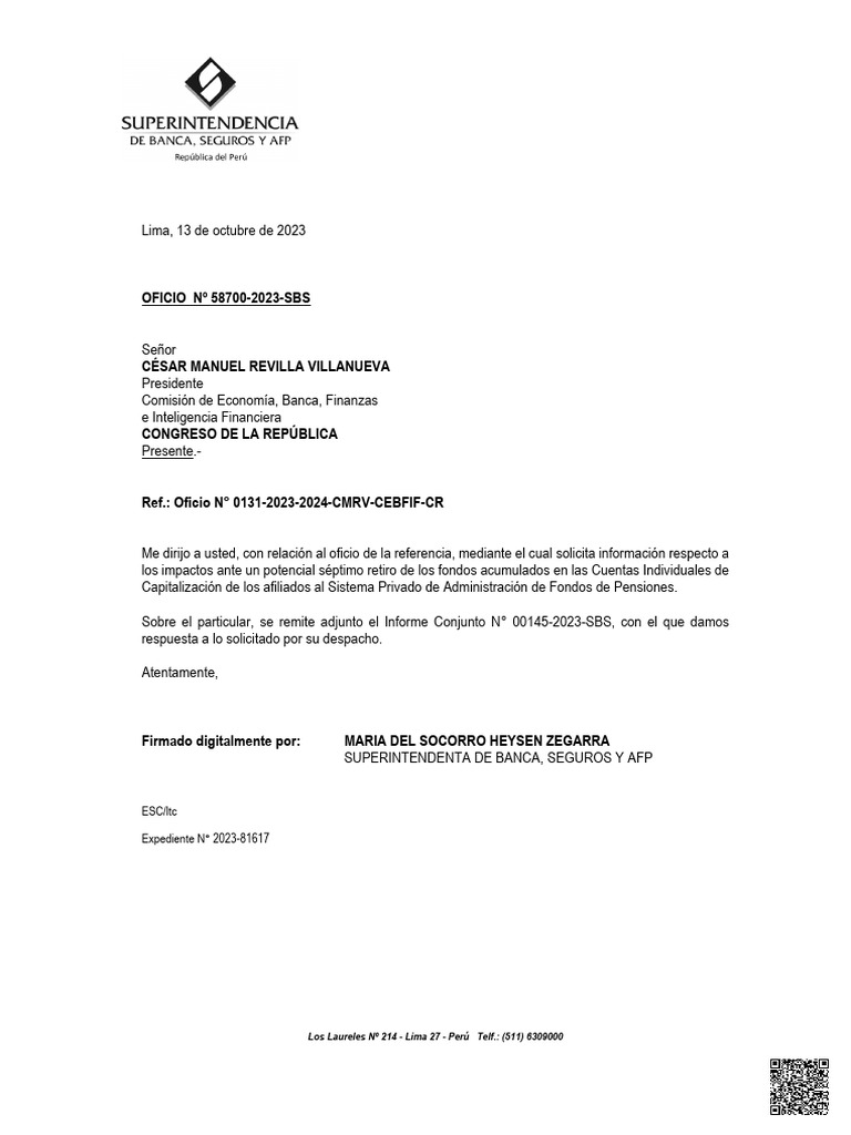 OFICIO N 58700 - 2023 - SBS-ADJ-INFORME CONJUNTO N 00145 - 2023 - SBS-PRI Juris Pension | PDF ...