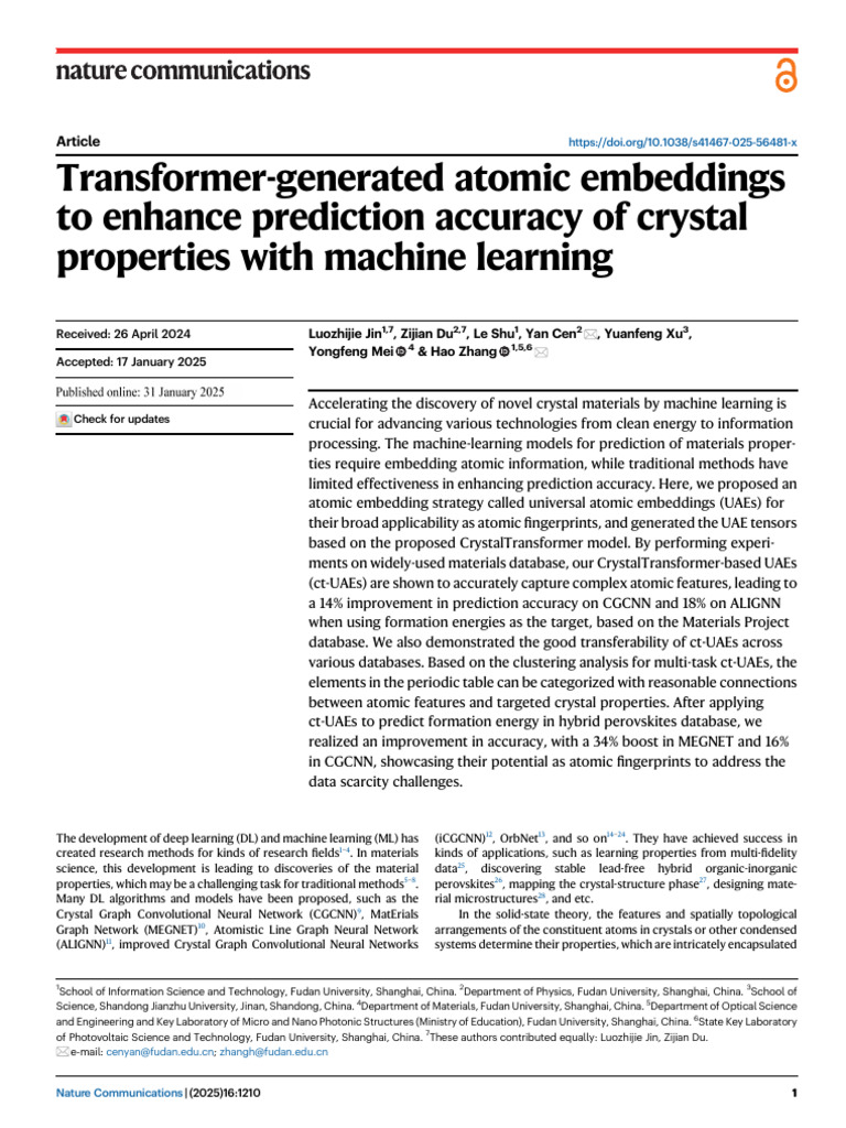 Transformer-generated atomic embeddings | PDF | Machine Learning | Electronvolt
