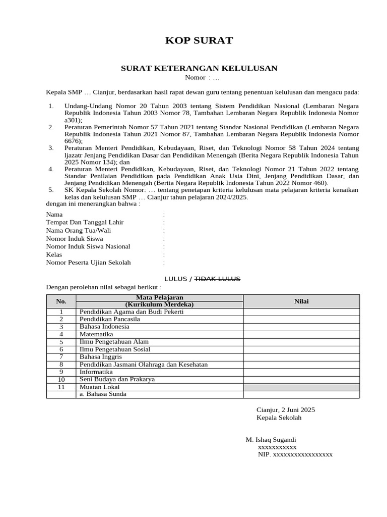 Surat Keterangan Kelulusan SMP | PDF