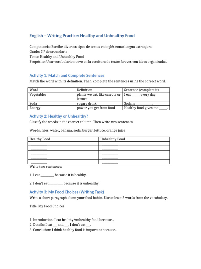 Vocabulary Writing Activities Healthy Food | PDF