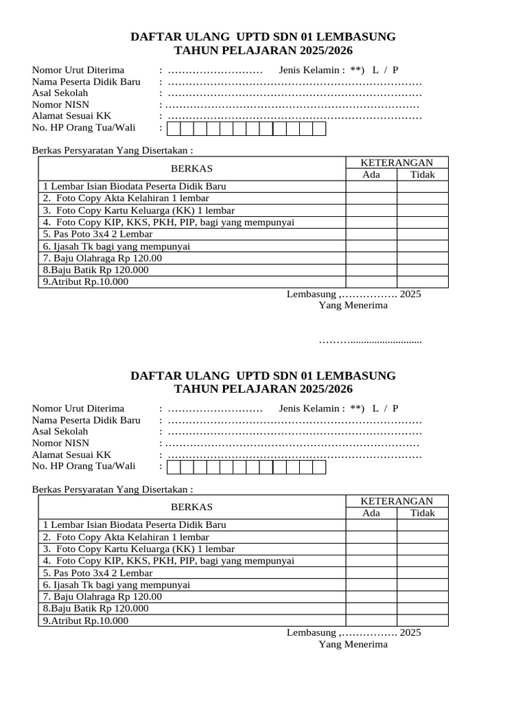 Blanko Daftar Ulang PPDB 2023 | PDF