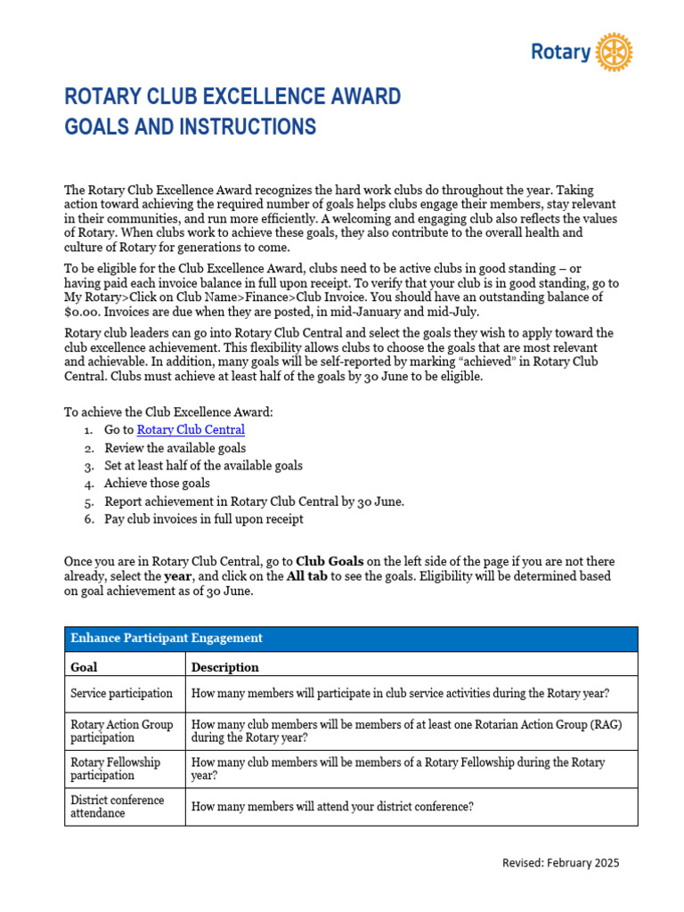 Rotary Club Excellence Award Guide | PDF