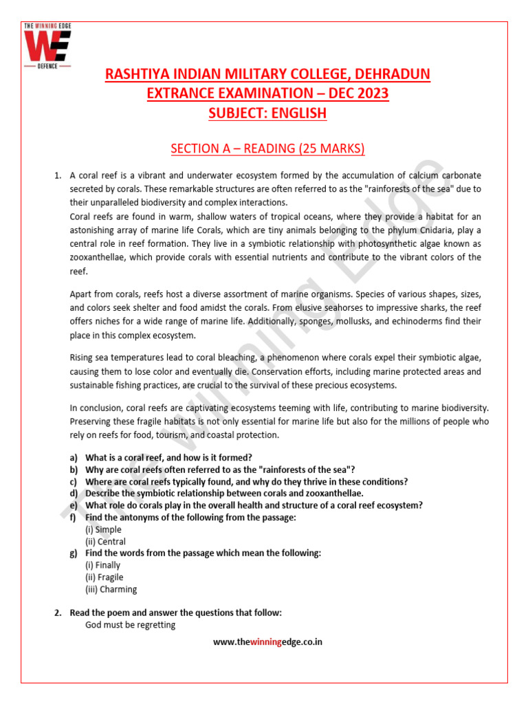 RIMC Entrance Exam English Paper 2023 | PDF | Coral Reef | Coral